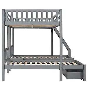 BOVZA Full Over Twin & Twin Bunk Bed, Wood Triple Bunk Bed with Drawers and Guardrails for 3 Kids Girls Boys Teens, Gray