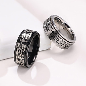 yomlry Fidget Ring Anxiety Ring for Women Men Christian Lord's Prayer Cross Ring Stainless Steel Spinner Cross Ring for Anxiety Relief Laser Engraved Anxiety Rings Wedding Band-Black-13