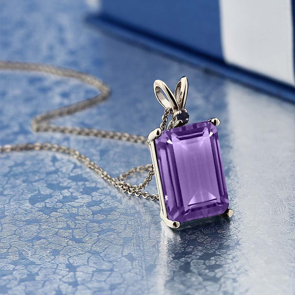 Gem Stone King 925 Silver Purple Amethyst and Black Diamond Pendant Necklace For Women (7.12 Cttw, Gemstone February Birthstone, Emerald Cut 14X10MM, with 18 Inch Silver Chain)
