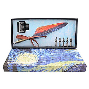 Ranvi Feather Quill Pen Set, Antique Calligraphy Pen Set (with 5 Replacement Nibs), 1 Ink and 1 Gift Box(Starry Sky)