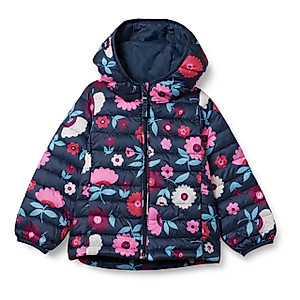 Amazon Essentials Girls' Lightweight Water-Resistant Packable Hooded Puffer Jacket, Navy Floral, Large