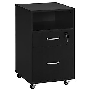 Yaheetech File Cabinet, Under Desk Vertical Cabinet with 2 Drawers and Open Compartment, Printer Stand with Lockable Wheels for A4 Letter Size Hangable File Folders for Home Office(Black)