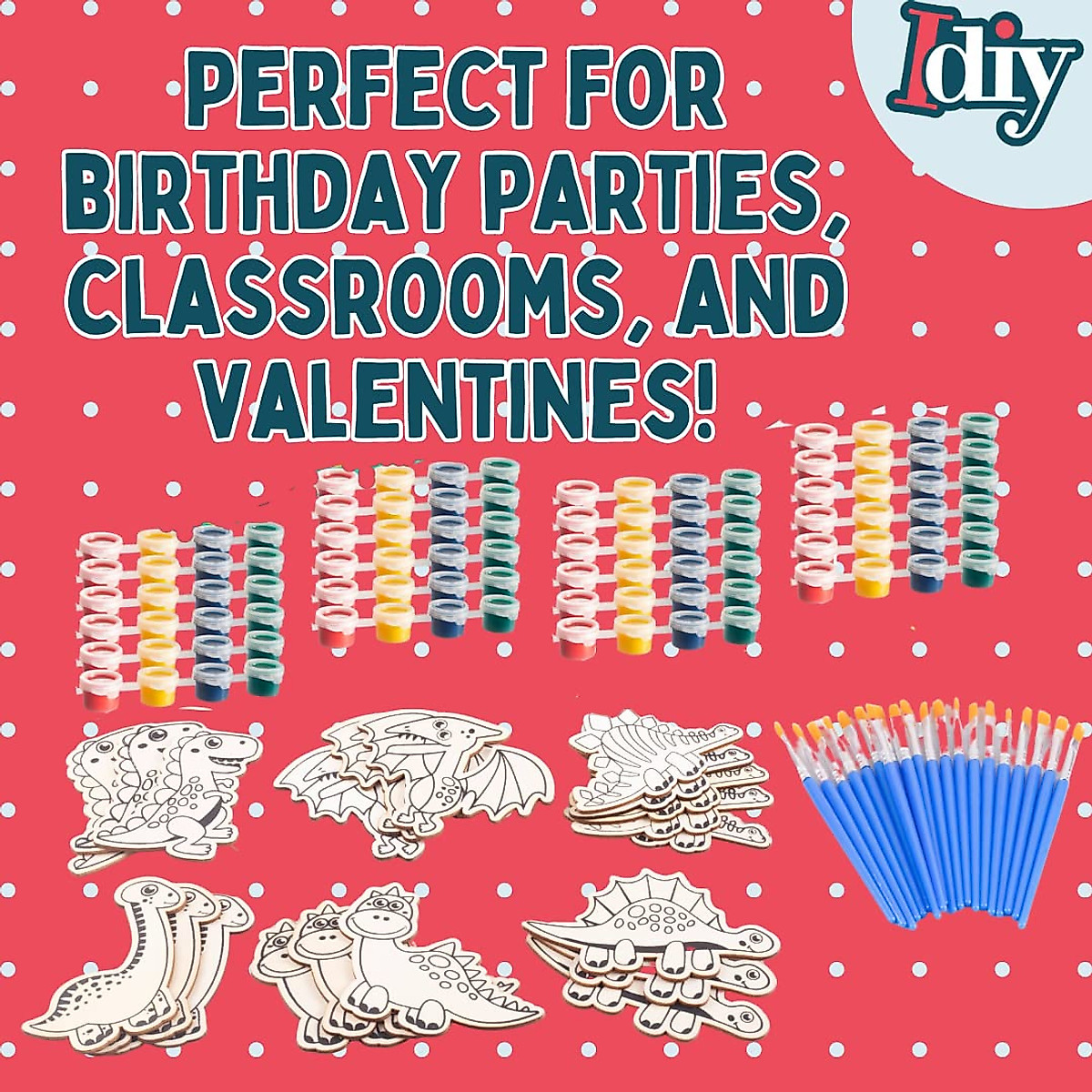 Kids Party Dino Wood Painting Craft Kits (20ct)- Dinosaur Designs- Each Kit Has its Own Brush, Paint, & Figure- Fun, Unique Valentines Party Activity, Favors or Classroom School Projects Gift