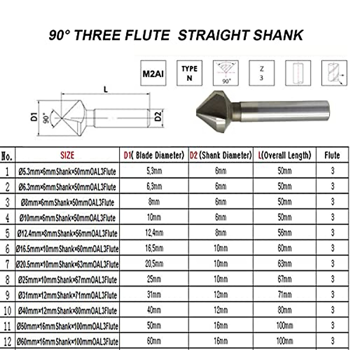 Wkstool 6Pcs/Lot,6.3 8 10 12.4 20.5 25mm Blade,90 Degree,Industry Chamfering Chamfer Metal Countersink End Mill Cutter Drill Bit,High Speed Steel,Deburring Tool Set (6.3/8/10/12.4/20.5/25mm, 3Flute)