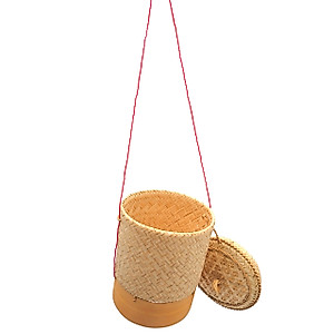 Bamboo Sticky Rice Serving Basket 6.5 x 5.5 Inch, Kratip, Intricately Woven Container, Cylinder-Shaped with a Lid, Thailand Handmade, Original Natural Bamboo Color (Original Natural Bamboo Color)