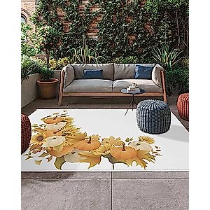 Teamery Outdoor Rug Fall Thanksgiving Maple Leaves Sunflowers Area Rug, Easy Cleaning Waterproof Outdoor Plastic Straw Rug for Patio Decor Backyard Deck Picnic Camping Living Room, 5x8 Feet