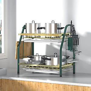 Boiarc Dish Drying Rack, 2 Tier Dish Rack for Kitchen Counter with Drainboard and Utensil Holder, Large Dish Drainer for Small Kitchen - Gold and Green¡­