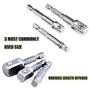 Impact Driver Bit Socket Adapter Set 6PCS Drill Bit Extension Set-1/4” 3/8” 1/2” Hex Shank Impact Socket Adapter Holder 50-73MM Drill Bit Attachments, Drill Tool Accessories-Gray