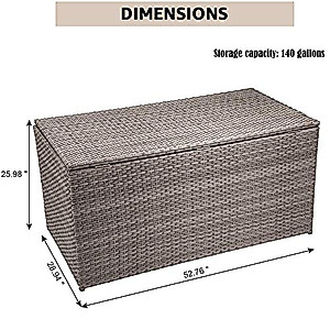 glitzhome Patio Wicker Storage Trunk with Lid, 140 Gallons Overside Outdoor Oversized All-Weather Cushion Storage Deck Box for Garden Tools, Pool Toys, Grey
