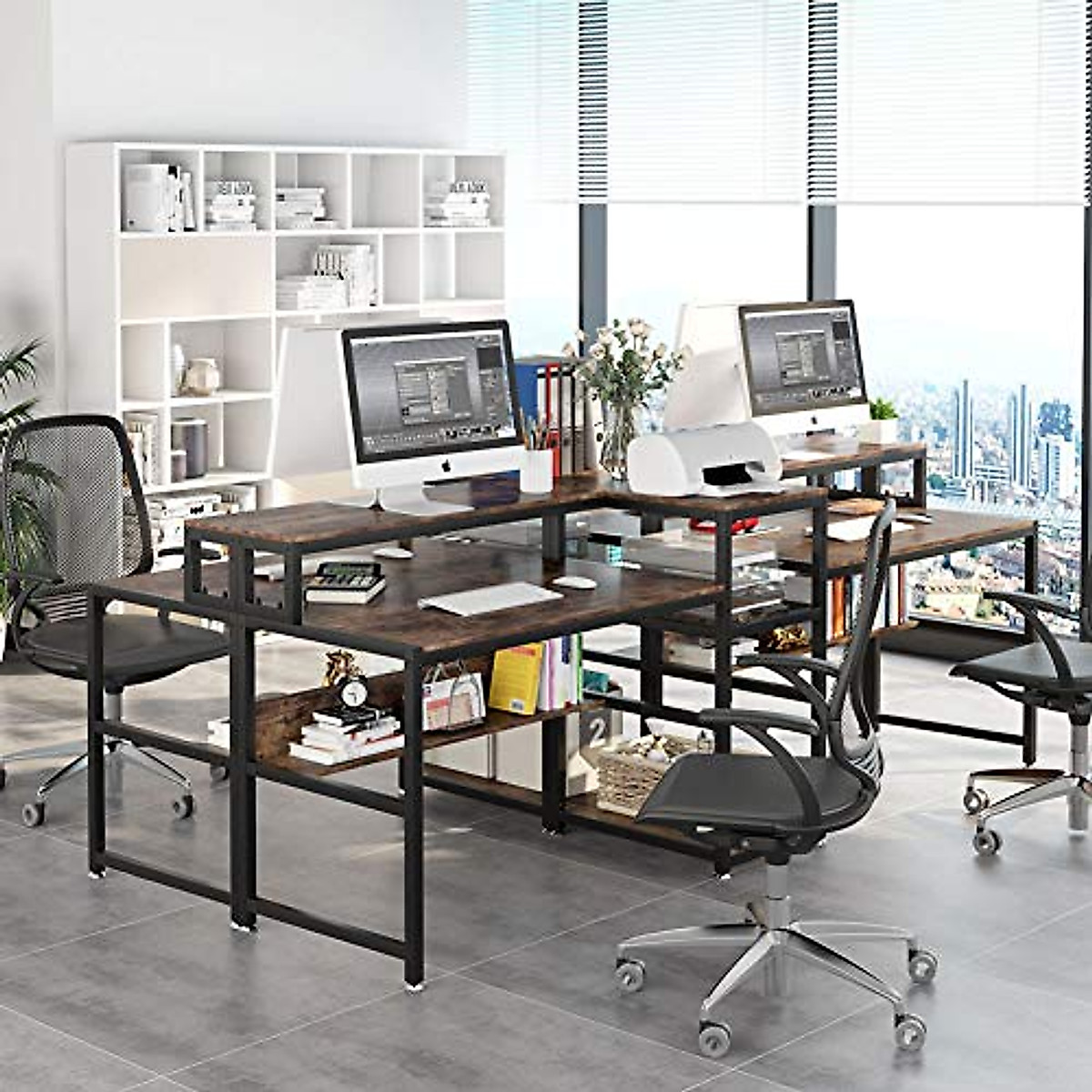 Tribesigns 94.5 inch Double Computer Desk with Storage Shelf, Extra Long Two Persons Desk with Printer Shelf, Large Office Desk Study Writing Table for Home Office (Rustic Brown)