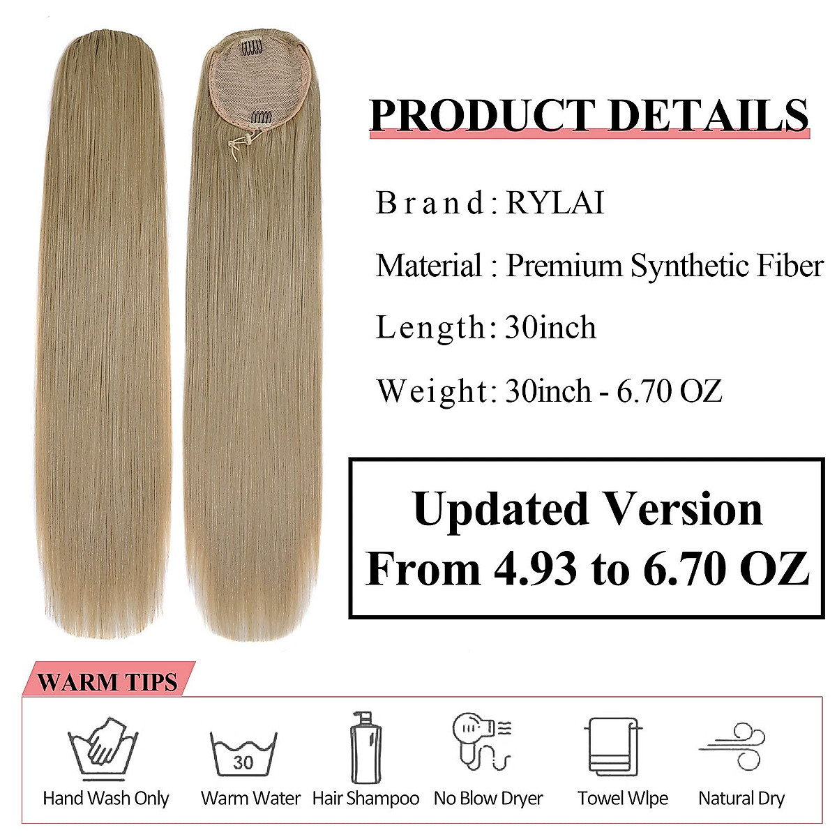 YIBANG 30inch Long Straight Drawstring Ponytail Synthetic High Puff Ponytail Hair Pieces With Comb Clip in Straight Ombre Blond Ponytail Clip in Hair Extensions Smooth &Soft(MT27/613)…