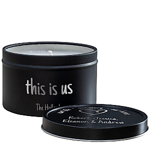 Personalized 8-oz Soy Candle in Black Metal Tin - Include Your Custom Text and Artwork - Select from a Variety of Scents - Engraved with Silver Lettering and Art (Fresh Pine)