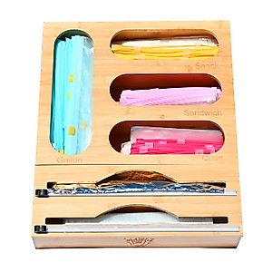The Boodha Ziplock Bag Organizer with Wrap Dispenser – 6-in-1 Foil and Plastic Wrap Organizer with Cutter, Baggie Organizer for Sandwich, Snack, Gallon, Quart Bags – Bamboo Kitchen Drawer Organizer