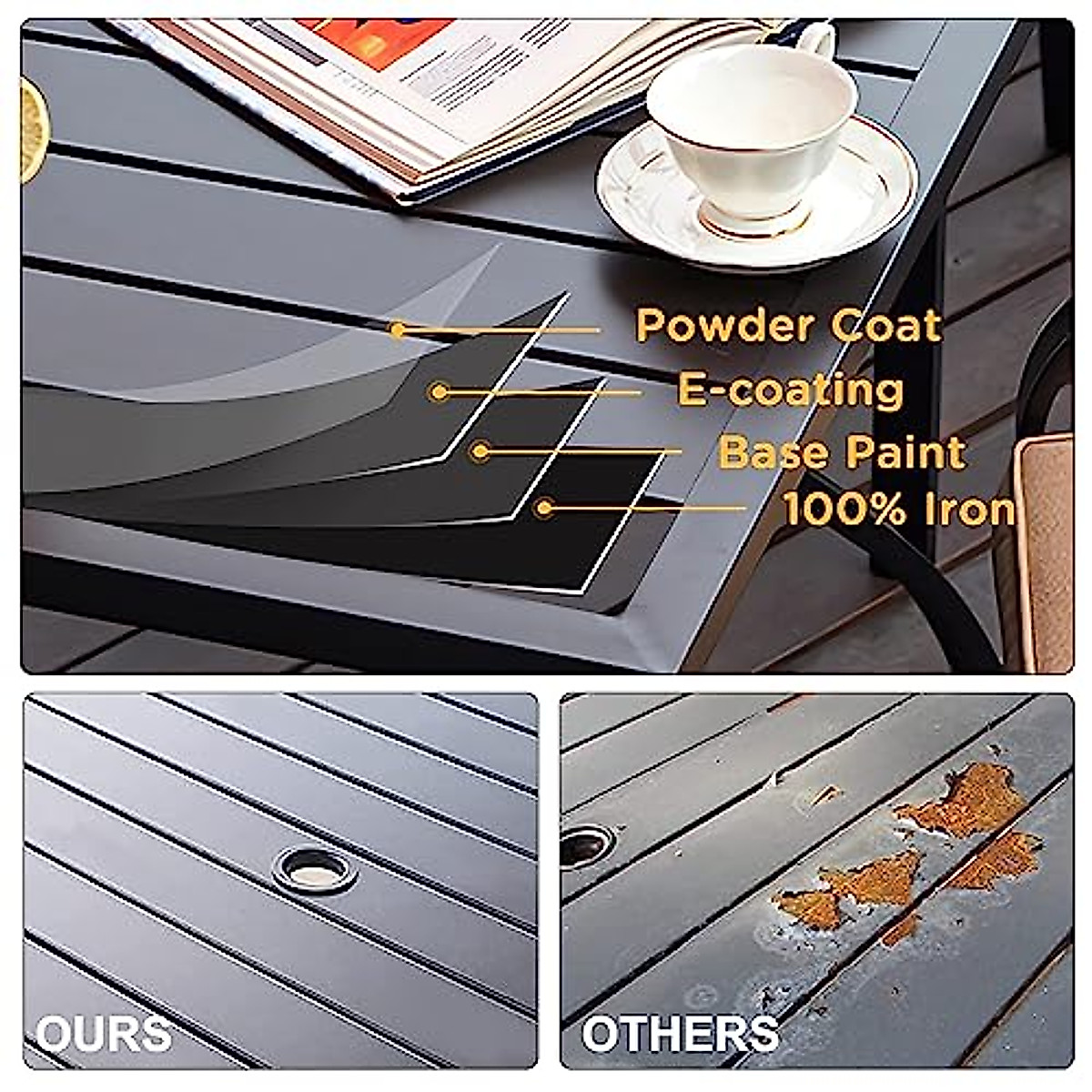 VICLLAX Steel Slat Square 1.57" Garden, Backyard and Porch Umbrella Hole 37 Inch Patio Dining Outdoor Metal Table, Black