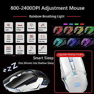 Wireless Gaming Keyboard and Mouse,Blue Backlit Rechargeable Keyboard Mouse with 3800mAh Battery Metal Panel,Mechanical Feel Keyboard and 7 Color Gaming Mute Mouse for PC Gamer