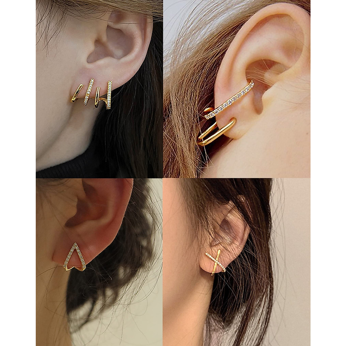 Ofeiyaa 6 Pairs Earrings Stud Claw Ear Cuff X-shaped Heart Snowflake Shiny CZ Trendy Minimalist Dainty Double Wrap Huggie Earrings for Women Gold Tone