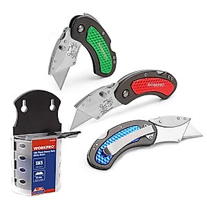 WORKPRO Utility Knife Blades Dispenser SK5 Steel 100-pack and WORKPRO 3-Piece Folding Utility Knife Set with 10-Piece Extra Blades
