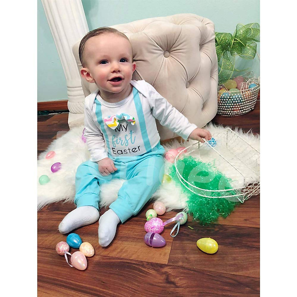 Detigee Baby Boys My First Easter Outfit Toddler 1st Easter Day Bodysuit (Blue,6-12 Months)