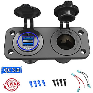 QC 3.0 USB Outlet 12V Boat Marine Waterproof Cigarette Lighter Socket Splitter 12 Volt DC Power Charger Adapter DIY Kit with Blue LED Dual USB Ports for Rocker Switch Panel on Car RV Golf Cart ATV