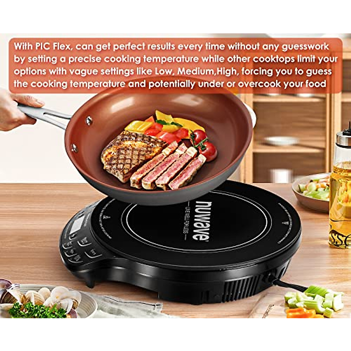NUWAVE Flex Precision Induction Cooktop, Portable, Large 6.5” Heating Coil, Temperature from 100F to 500F, 3 Wattage Settings 600, 900, and 1300w