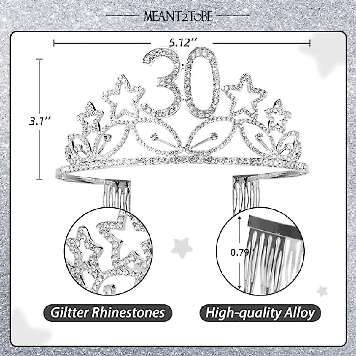 MEANT2TOBE 30th Birthday Sash and Tiara for Women - Fabulous Glitter Sash + Stars Rhinestone Silver Premium Metal Tiara for Her, 30th Birthday Gifts for 30 Party