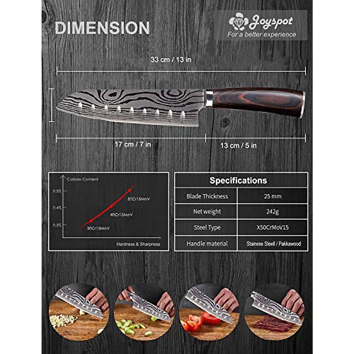 Joyspot Chef's Knife - 7 Inch Japanese Santoku Kitchen Knife - High Carbon German Stainless Steel - Razor Sharp - Stain & Corrosion Resistant - Awesome Edge Retention with Ergonomic Handle
