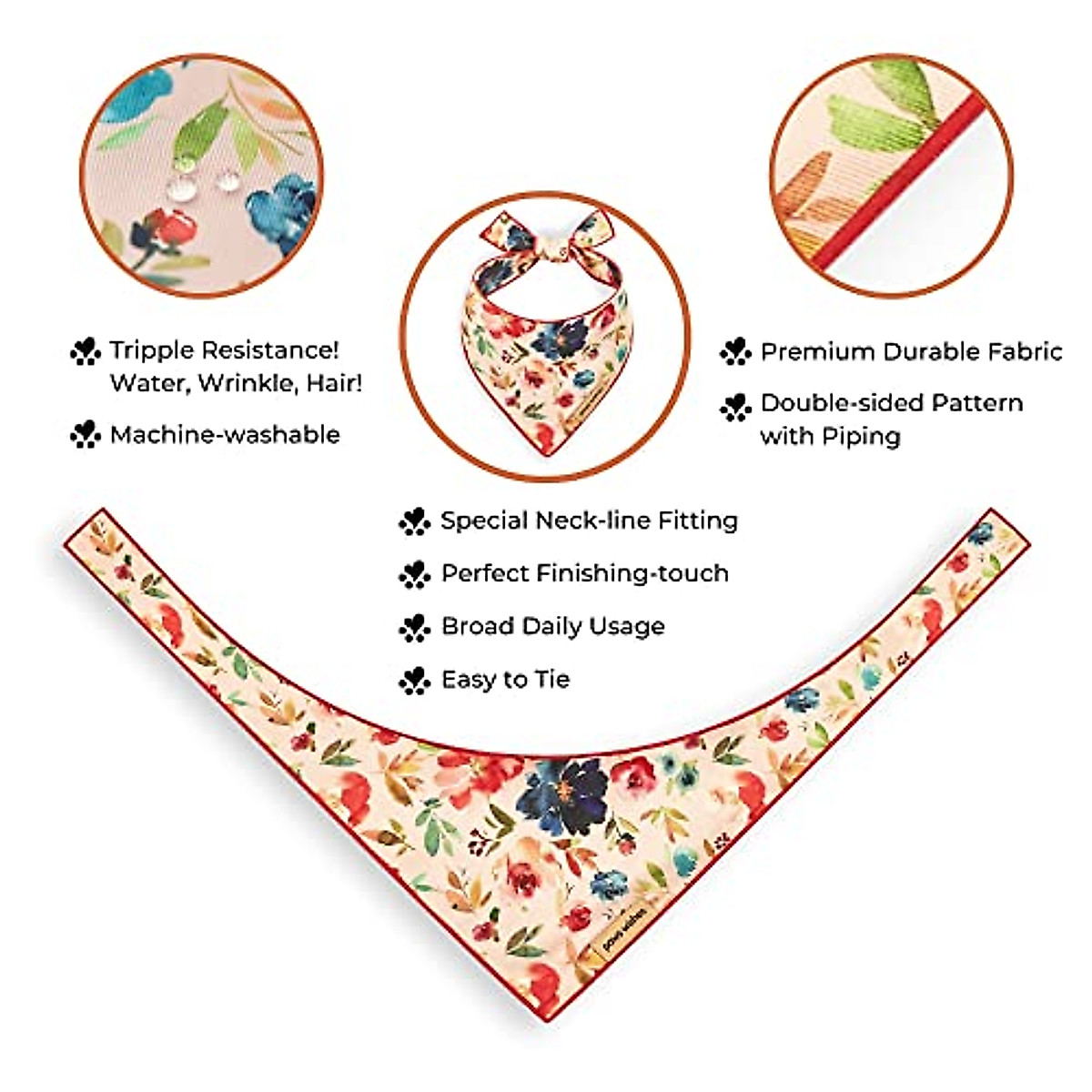Paws Wishes Dog Bandana 2 Pack, Blossom and Leaves Set Vintage Garden, Pet Friendly Design, Hair and Water Resistant, Adjustable Dog Scarf for Small Boy Girl Dog