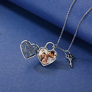 Cuoka Heart Locket Necklace That Hold Two Photos, 925 Sterling Silver Lock and Key Set, Mother Day Anniversary Birthday Gift for Women Girlfriend Daughter with Gift Box (Key & Heart)