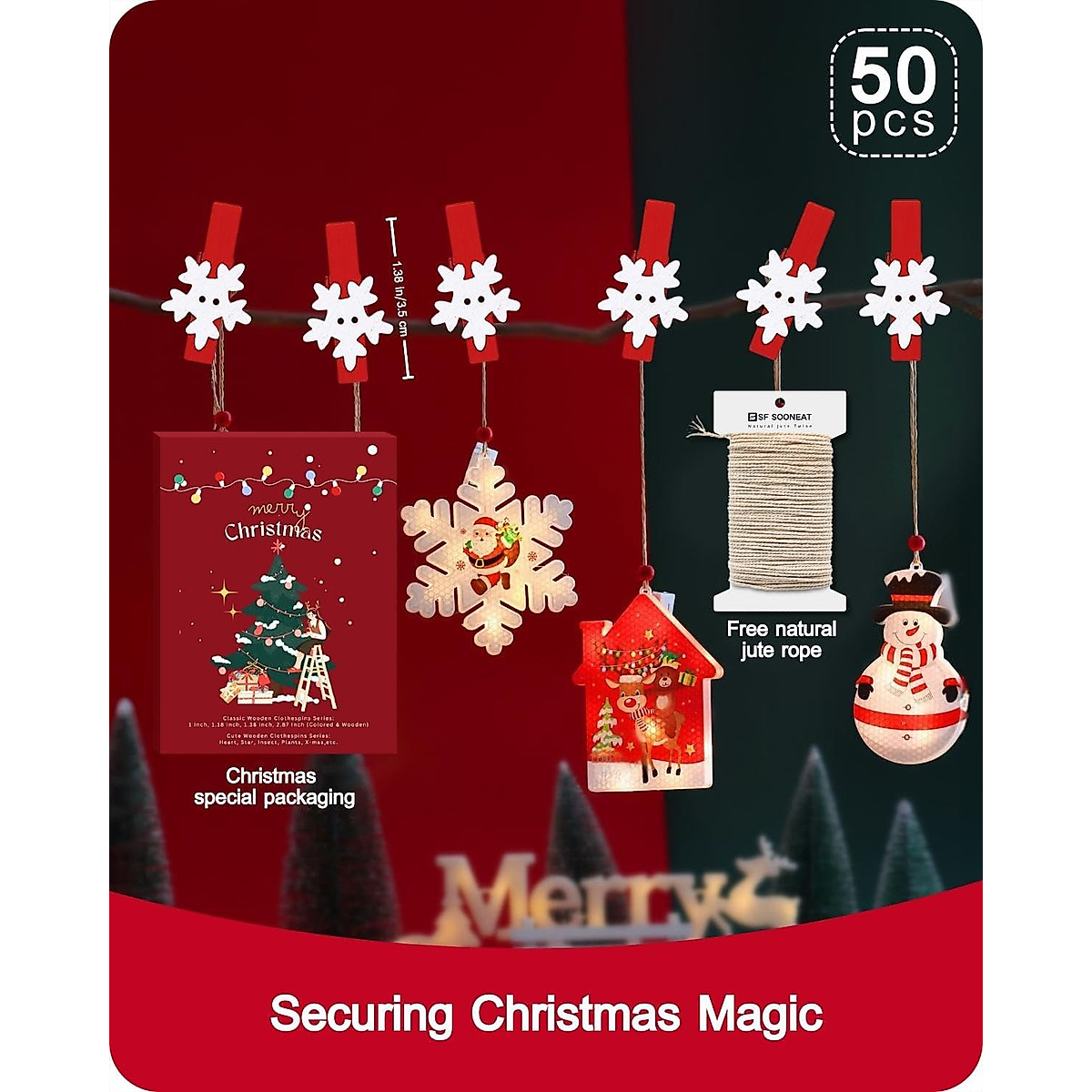 Mini Clothespins Christmas Clothes Pins for Photo Red Clothespins White Snowflake Wooden Clips Small Close Pins for Picture Polaroid Craft Display Hanging Wall Card Holder, 50 PCS with 33 FT String
