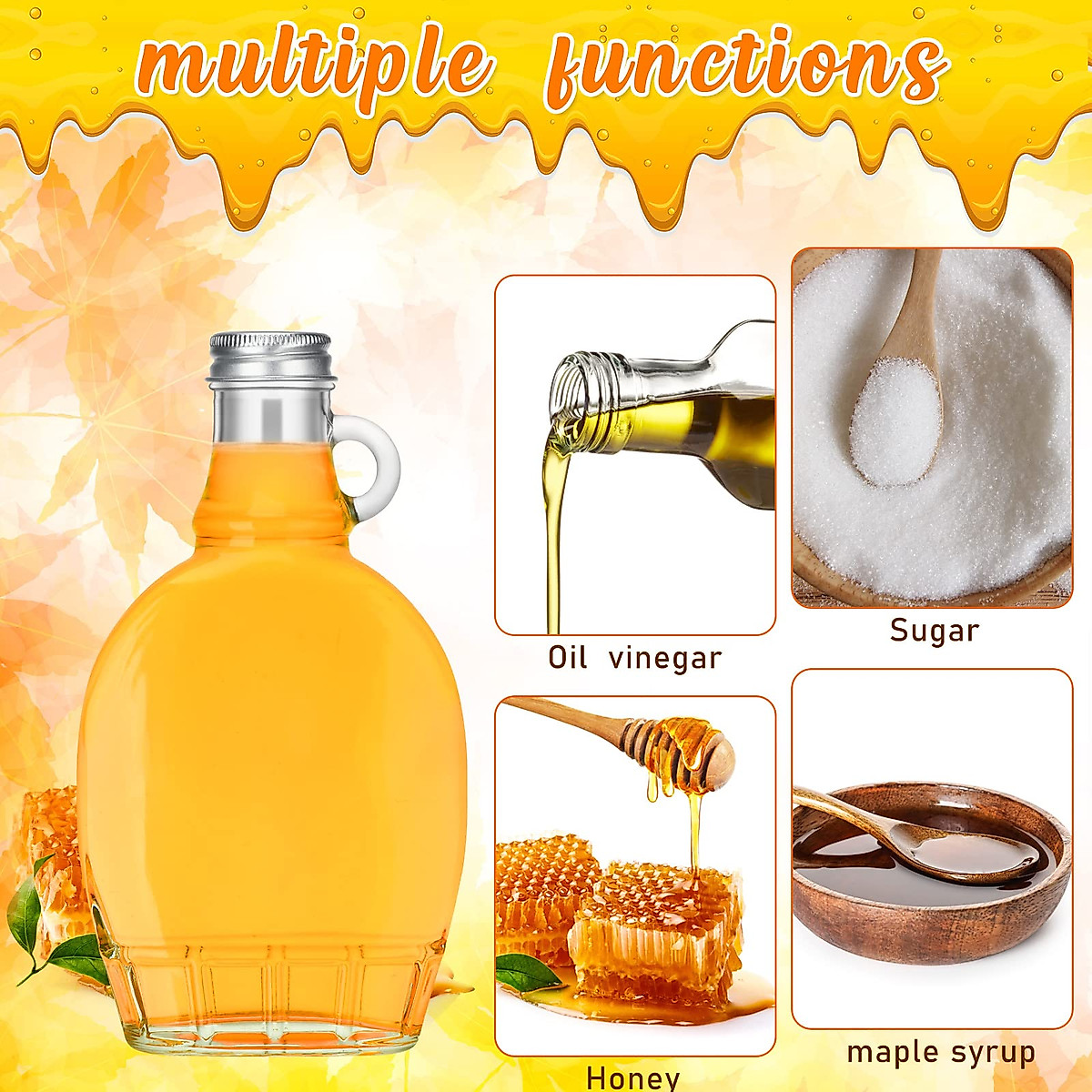 meekoo 24 Pieces 8 oz Glass Syrup Bottles with Aluminum Lid and Loop Handle Glass Maple Syrup Bottles Maple Syrup Jars Syrup Container with 4 Funnels for Potion Juice Milk Storage Gift Sauce Oil