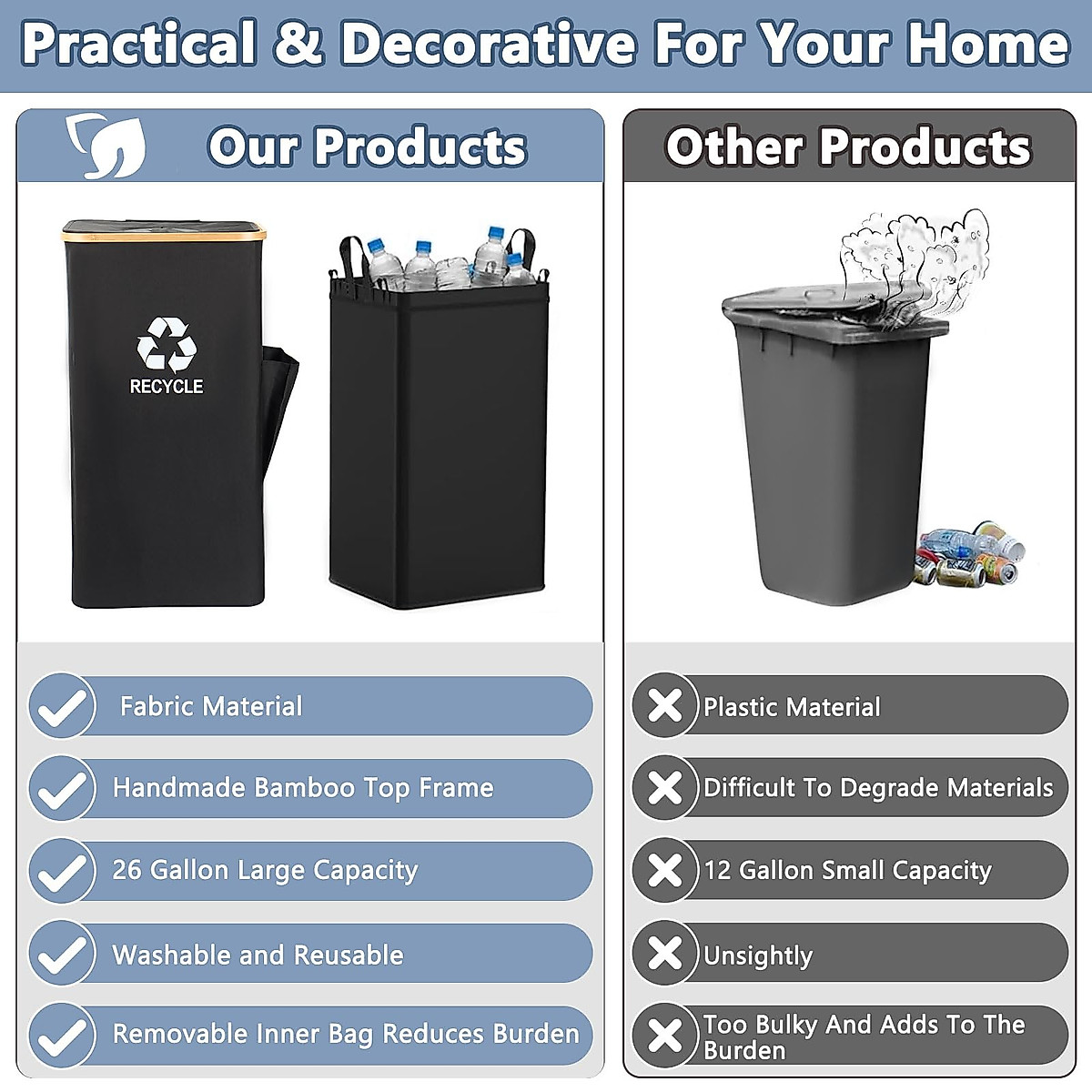 Recycling Bin Organizer for Home - 26 Gallon Recycle Bin for Kitchen with 2 Reusable Inner Bags - Indoor Recycling Bins with Lid for Bottles Cans Glass Plastic Cartons, Waterproof & Reusable (Black)