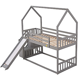 Bellemave House Bunk Beds with Stairs and Slide Low Twin Over Twin Solid Wood Floor Bunk Bed for Kids Girls Boys Teens, Gray
