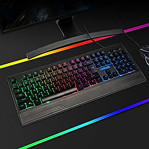 CHONCHOW Ergonomic LED Rainbow Keyboard for Game and Work, USB Wired Light Up Backlit Gaming Keyboard with Wrist Rest, 104 Key Quiet RGB Keyboard for PC Xbox PS4 PS5 Laptop