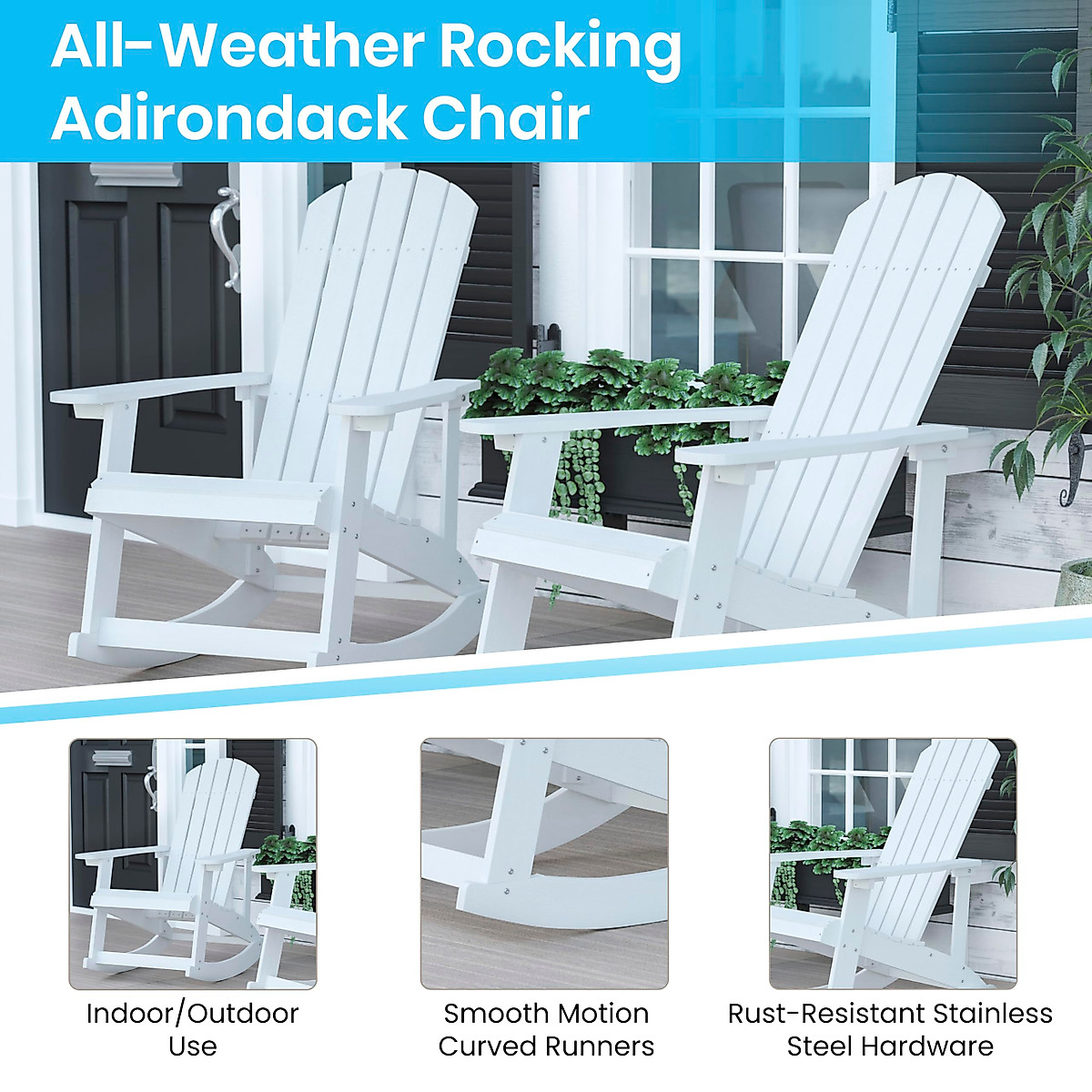BizChair Poly Resin Wood Adirondack Rocking Chair - All Weather White Polystyrene - Stainless Steel Hardware - Set of 2