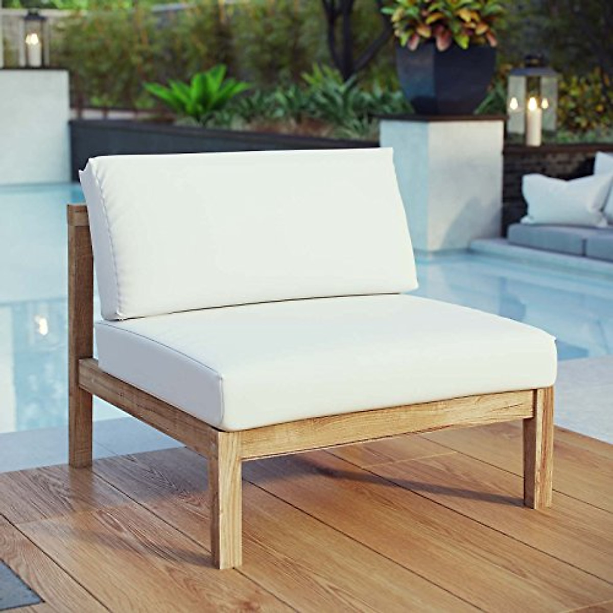 Modway Bayport Teak Wood Outdoor Patio Armless Chair in Natural White