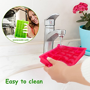 Ice Cube Trays Silicone - 3 Pack Silicone Ice Cube Trays Molds with Lid for Freezer, Removable and Stackable, 24 Ice Cubes Per Trays for Cocktail/Whisky/Beverages (Blue, Green, Rose Red)