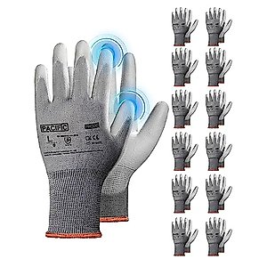PACIFIC PPE Work Gloves for Men and Women, Touchscreen Working Gloves, 12 Pairs Bulk Pack Mechanic Gloves, PU Coated, Mens Gardening Gloves, Lightweight, Grey, Large