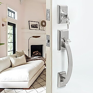Natsukage Front Door Handle Front Door Lock Set Entrance Handle Set with Lock Satin Nickel Heavy-Duty Entry Door Lock Set with Deadbolt and Lever Handle Reversible for Right & Left Handed Contemporary