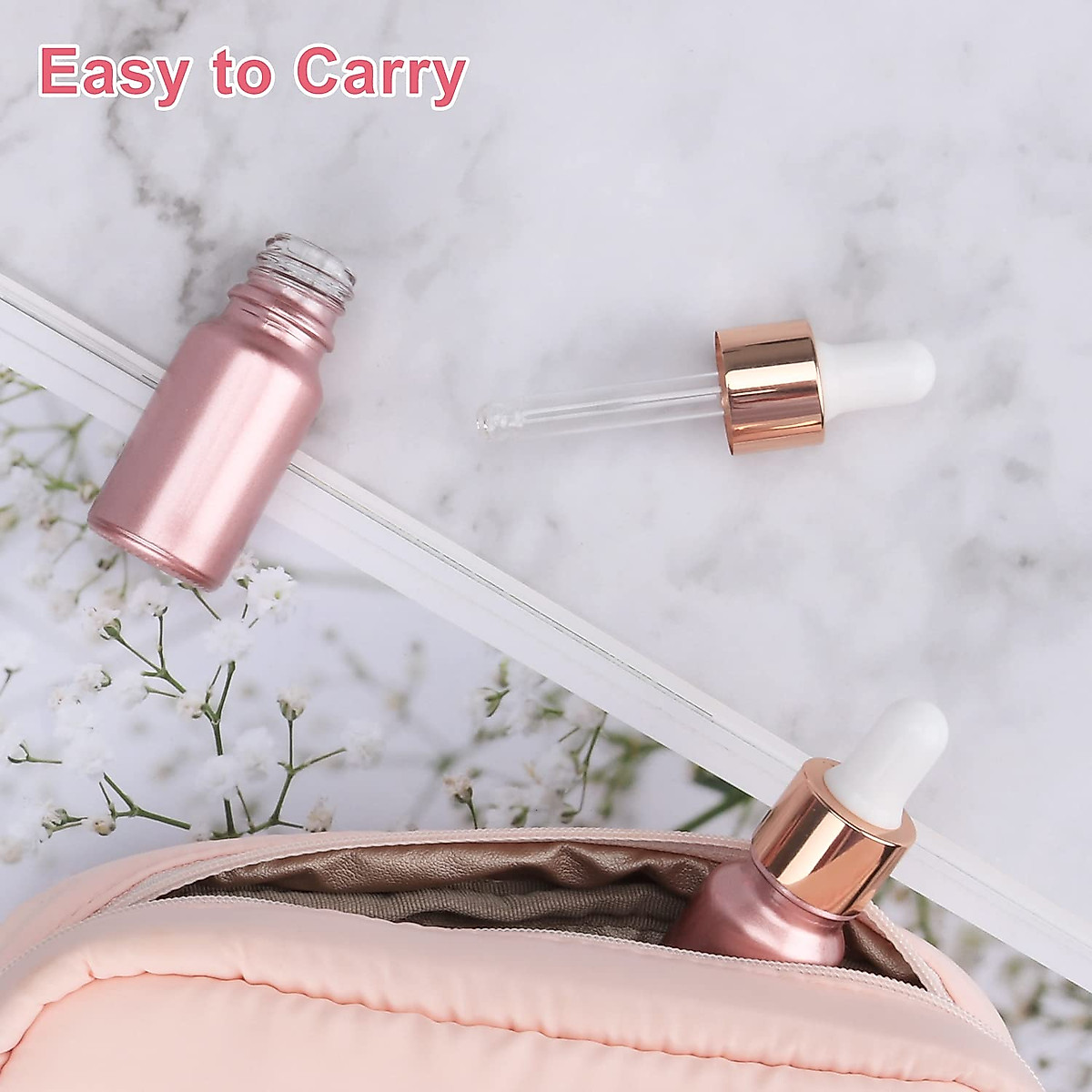 6 Pcs,10ml Coated Pink Glass Essential Oil Dropper Bottle,Empty Thick Glass Perfume Diffuser Vials With Glass Pipette&Rose-Gold Lid Travel Liquid Holder,Ray Protection Container-FREE 2 Funnel