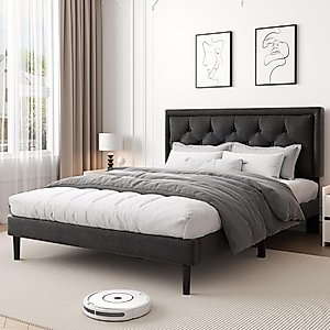 CXVX Full Size Platform Bed Frame with Upholstered Velvet Button Tufted Headboard, Mattress Foundation with Wooden Slat Support, No Box Spring Needed, Easy Assembly, Noise Free, Black