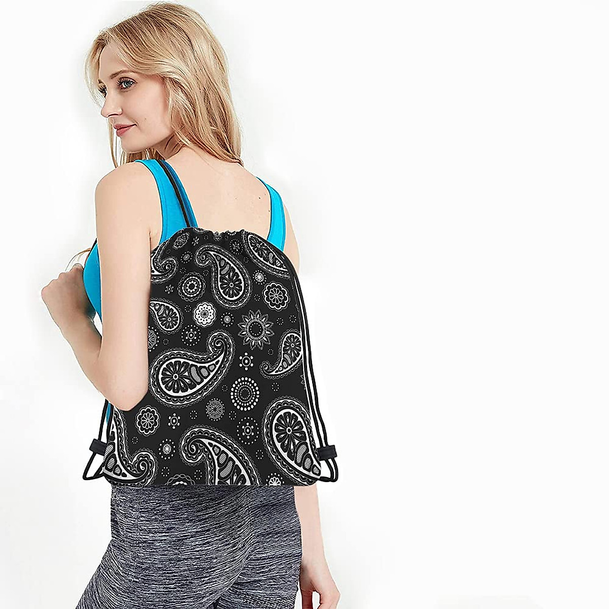 Beabes Paisley Pattern Drawstring Bags Backpack Bag Black White Floral Ethnic Asian Art Seamless Pattern Sport Gym Sack Drawstring Bag String Bag Yoga Bag for Men Women