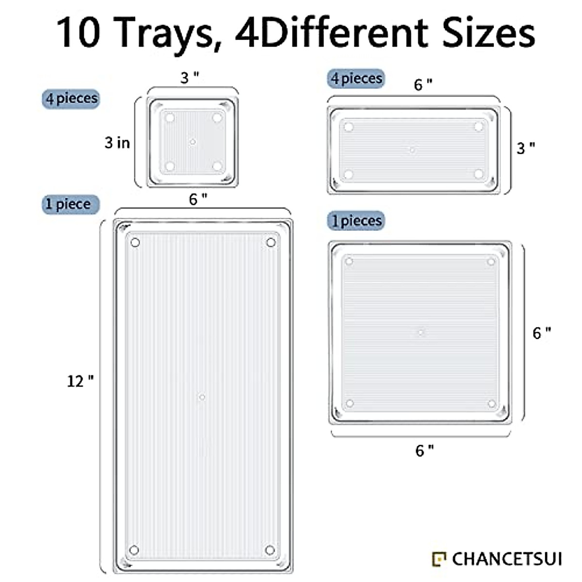 10 Pcs Clear Plastic Drawer Organizers Trays with Non-Slip Silicone Pads, Desk Versatile Kitchen Drawer Organizer Bins Tray for Makeup Bedroom Office, Bathroom Countertop Organizer for Cosmetics