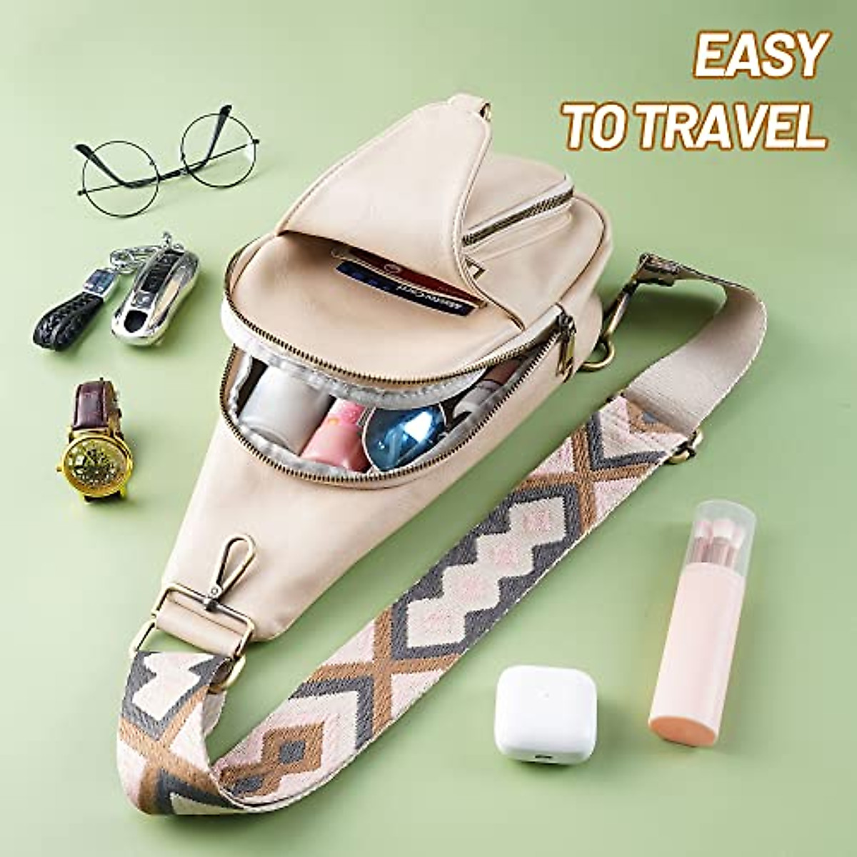 KFXFENQ Sling Bag for Women PU Leather Sling Bags for Women Crossbody Sling Backpack Fashion Chest Bag for Women Travel (Beige)