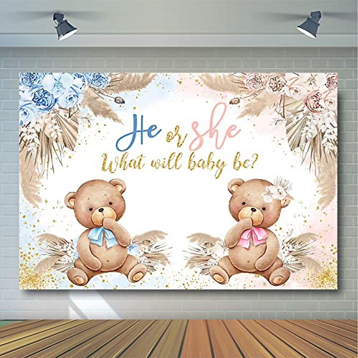 Avezano Boho Bear Gender Reveal Backdrop He or She Party Decorations Pink or Blue Pampas Grass Gender Reveal Party Photography Background Bohemian Bear Gender Reveal Decorations Photoshoot (7x5ft)