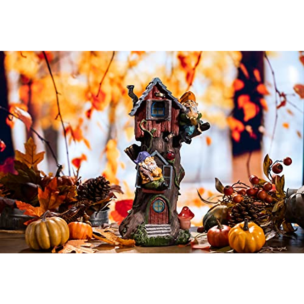 TERESA'S COLLECTIONS 14.8 Inch Tall Large Garden Gnome Statues with Solar Lights, Funny Garden Sculptures Treehouse Figurines Resin Lawn Ornaments for Outside Outdoor Patio Yard Decoration