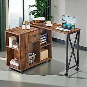 YITAHOME Computer Desk with Drawer, Office Desk with 5 Storage Shelves, 360°Rotating Writing Desk Work Desk for Home Office, Study, Bedroom, Work from Home, Brown