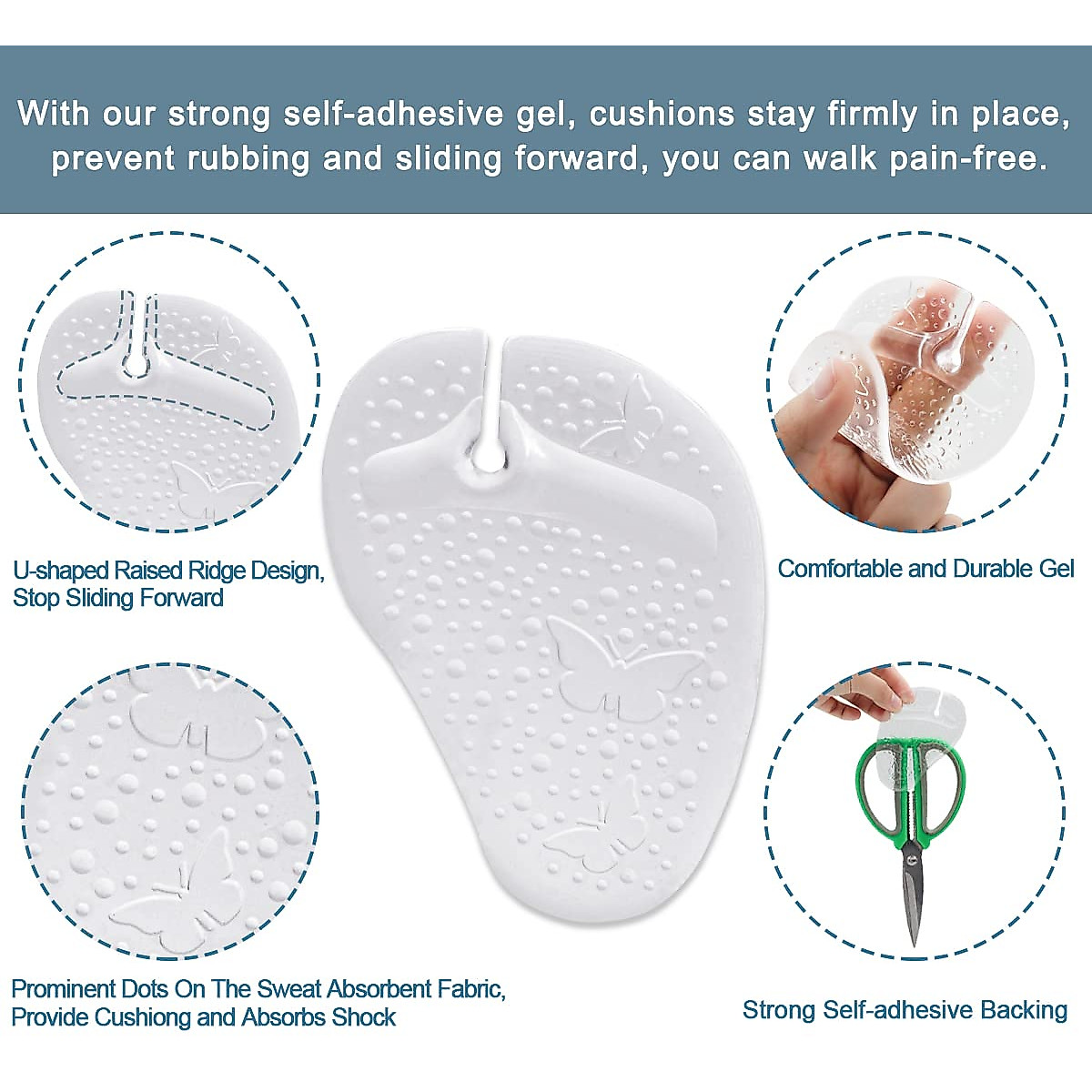 Urwalk Gel Metatarsal Pads for Thong Sandals Flip-Flops, 3 Pairs Self-Adhesive Forefoot Pads, Anti-Slip Ball of Foot Cushion Insoles for Women and Men, All Day Pain Relief ( Transparent)