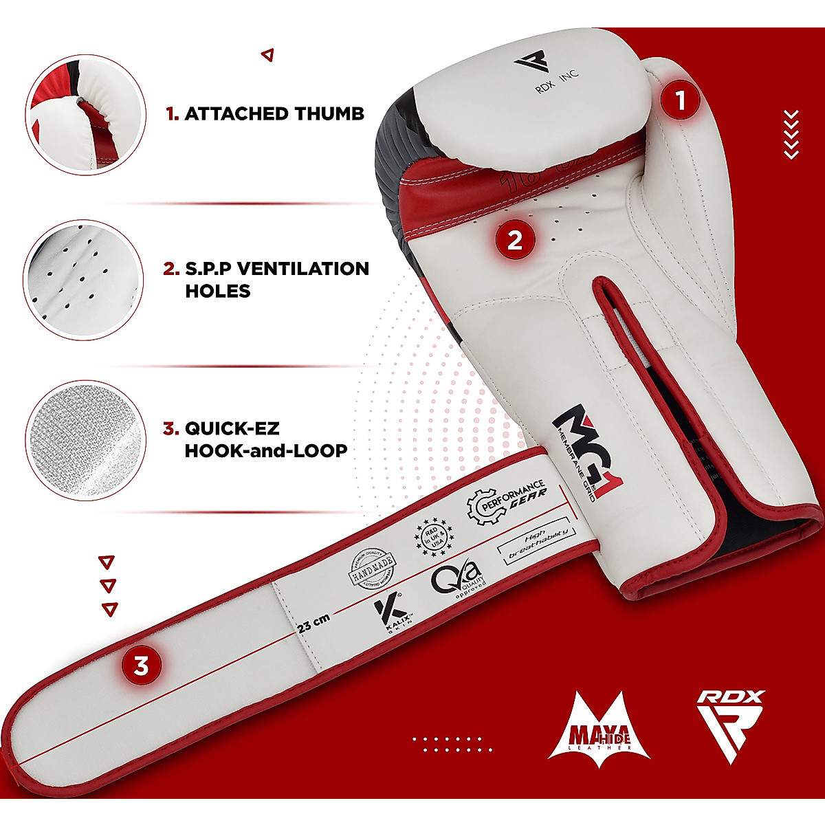 RDX Boxing Gloves EGO, Sparring Muay Thai Kickboxing MMA Heavy Training Mitts, Maya Hide Leather, Ventilated, Long Support, Punching Bag Workout Pads, Men Women Adult 8 10 12 14 16 oz