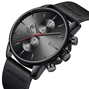 GOLDEN HOUR Men's Fashion Sport Quartz Watches with Black Leather Strap Waterproof Chronograph Watch, Auto Date in Red Hands