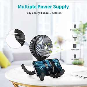 SMARTDEVIL Stroller Fan, 3000mAh Portable Clip on Stroller Fan for Baby, 3 Speed Battery Operated Personal Desk Fan with Flexible Tripod, Mini Handheld Fan for Car Seat, Treadmill, Camping (Black)